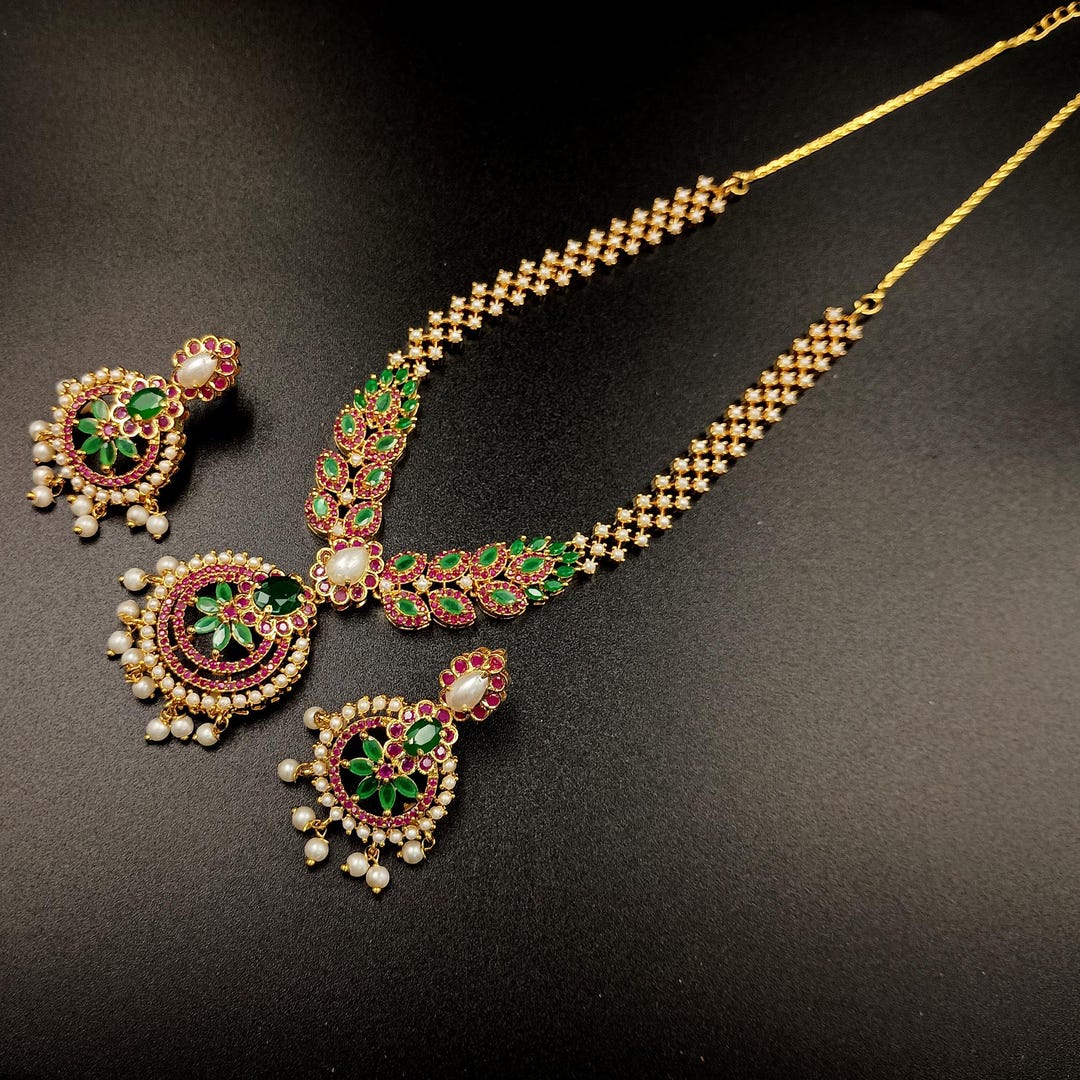 Emerald Ruby Pearl Necklace Set – 22k Gold Plated Statement Choker ...