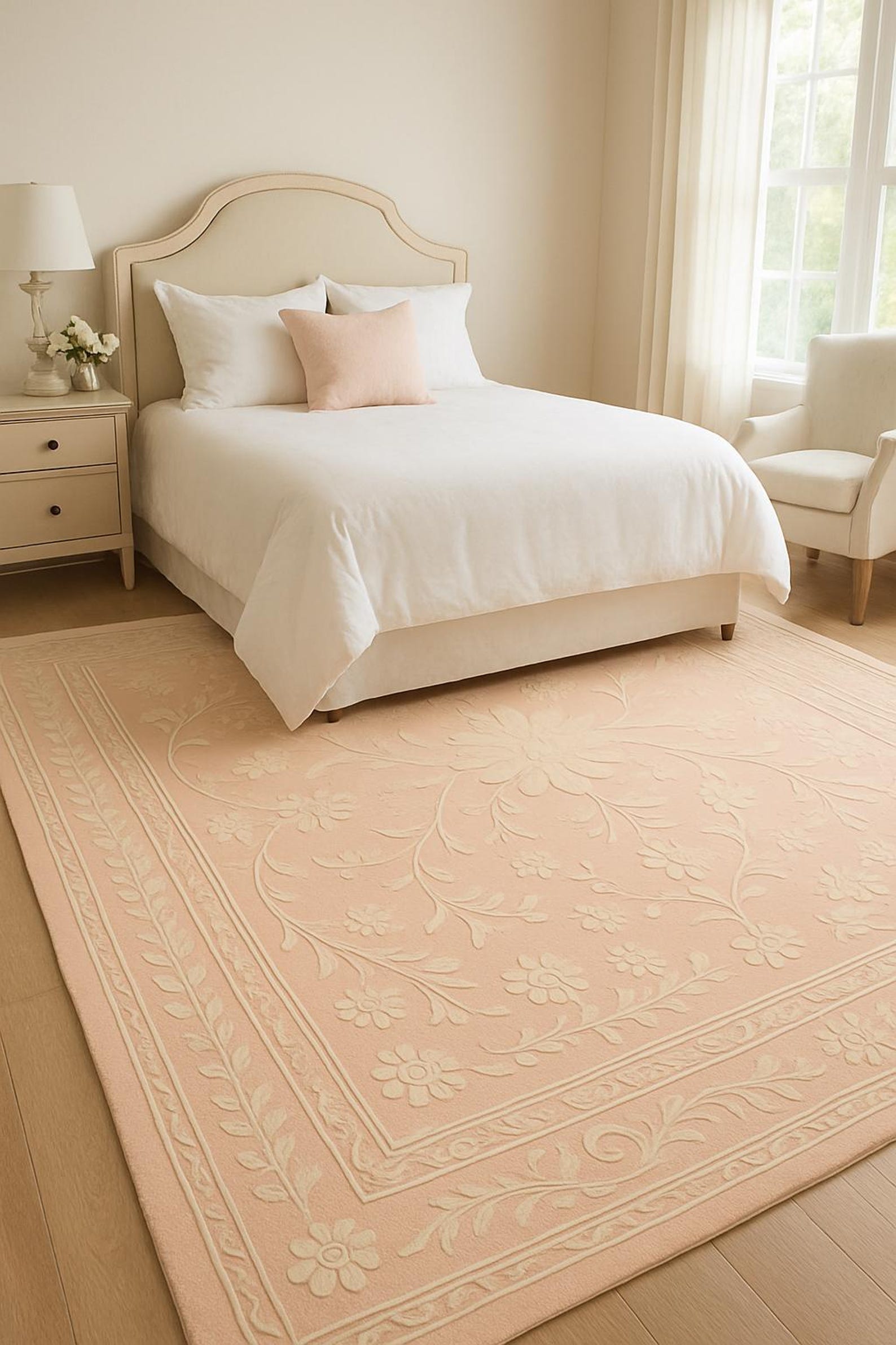 Elegant Pastel Peach Floral Area Rug | Traditional Hand-tufted Carpet ...