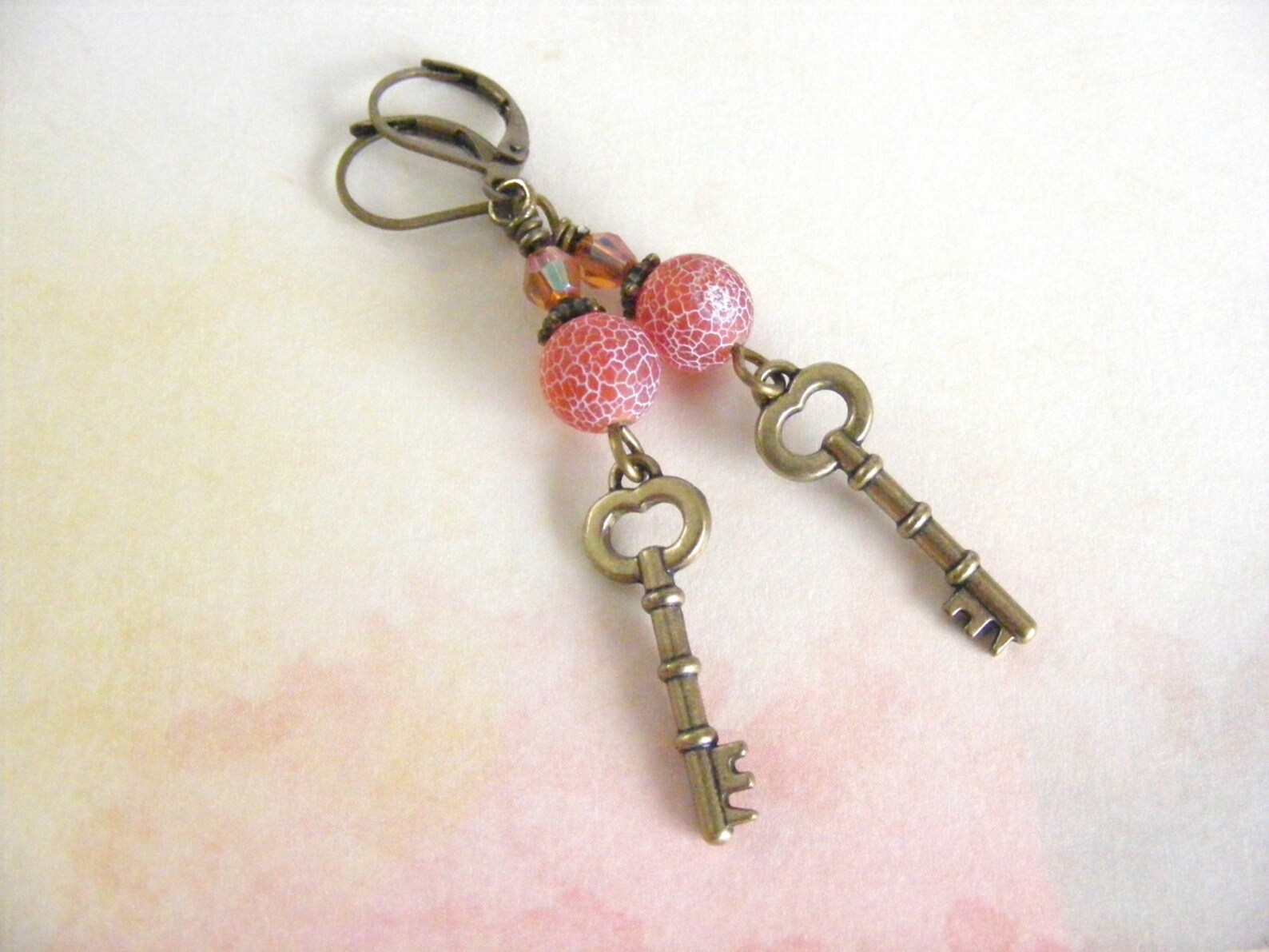 Crackle Glass Bead Earrings, Brass Key Charm Earrings, Antique Brass ...