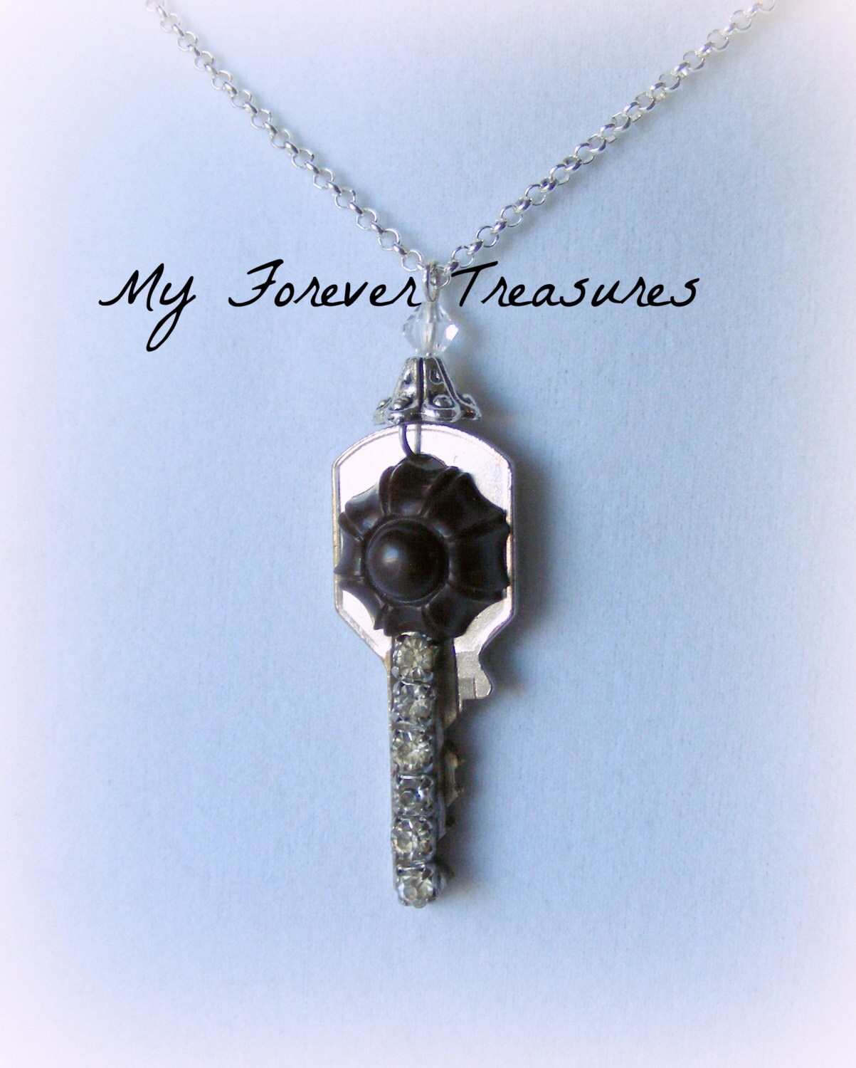 Repurposed Key and Vintage Button Necklace - Rhinestone Bling - Small ...