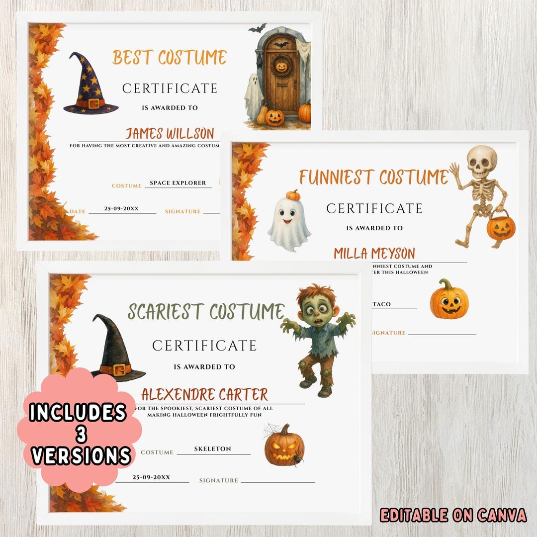 Printable Halloween Costume Certificates for Kids School Party Editable ...