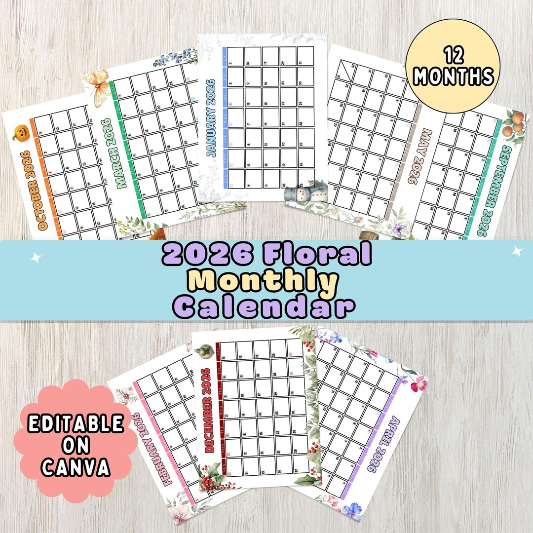 2026 Floral Monthly Calendar Bundle 12 Months Printable Cute Flower ...