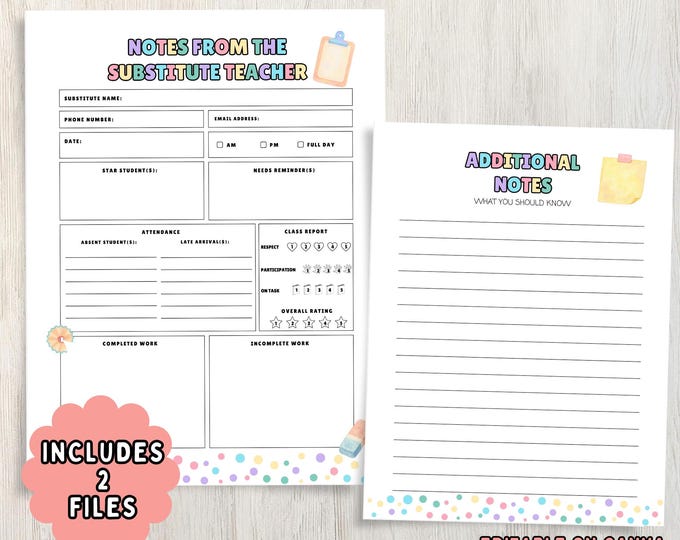 Sub Teacher Template - While We're Out & Quick Note From the Sub ...
