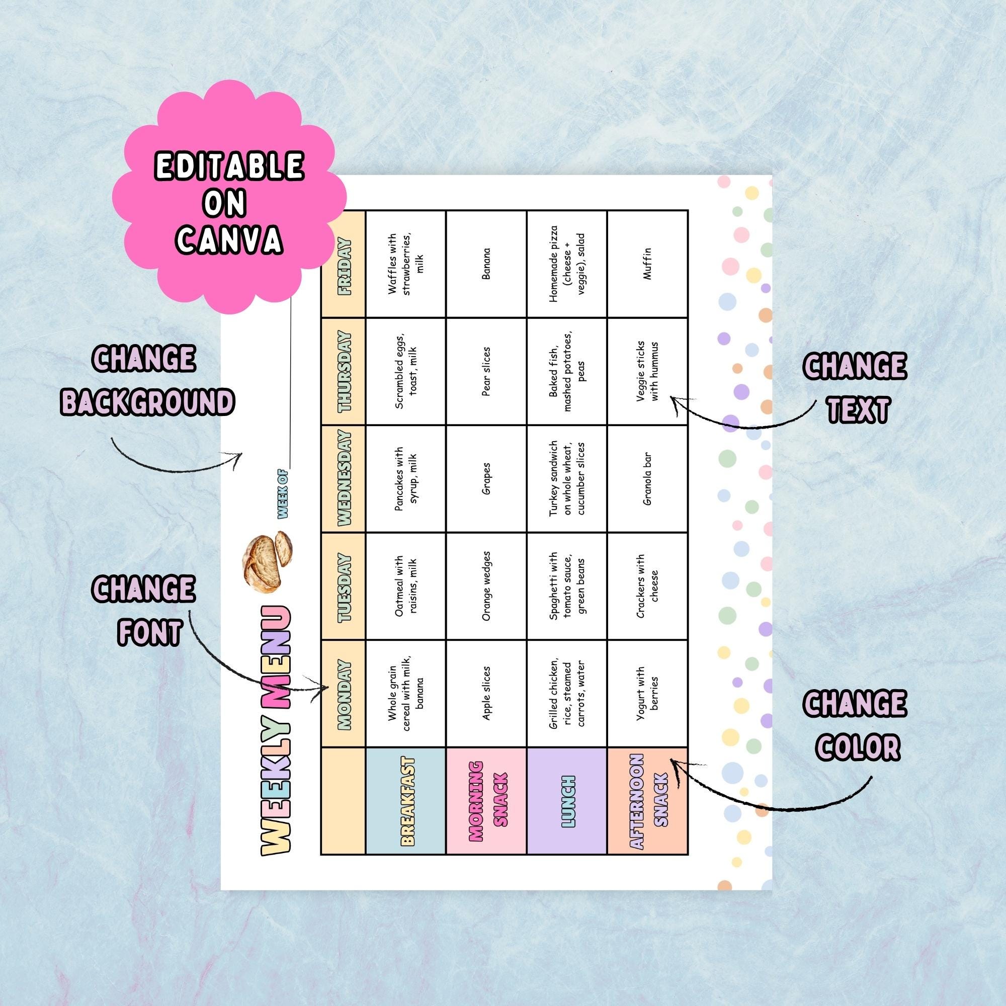 Daycare Weekly Menu, Editable Meal Planner, Printable Preschool Menu ...