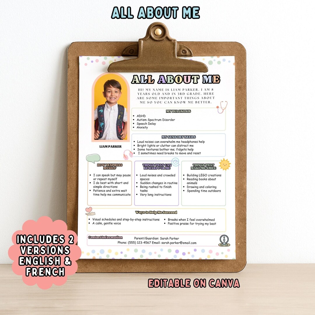 All About Me Student Profile Printable, Child Information Sheet ...