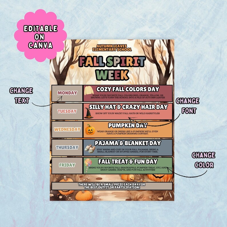 Fall Spirit Week Template, Editable School Event Schedule, Autumn ...