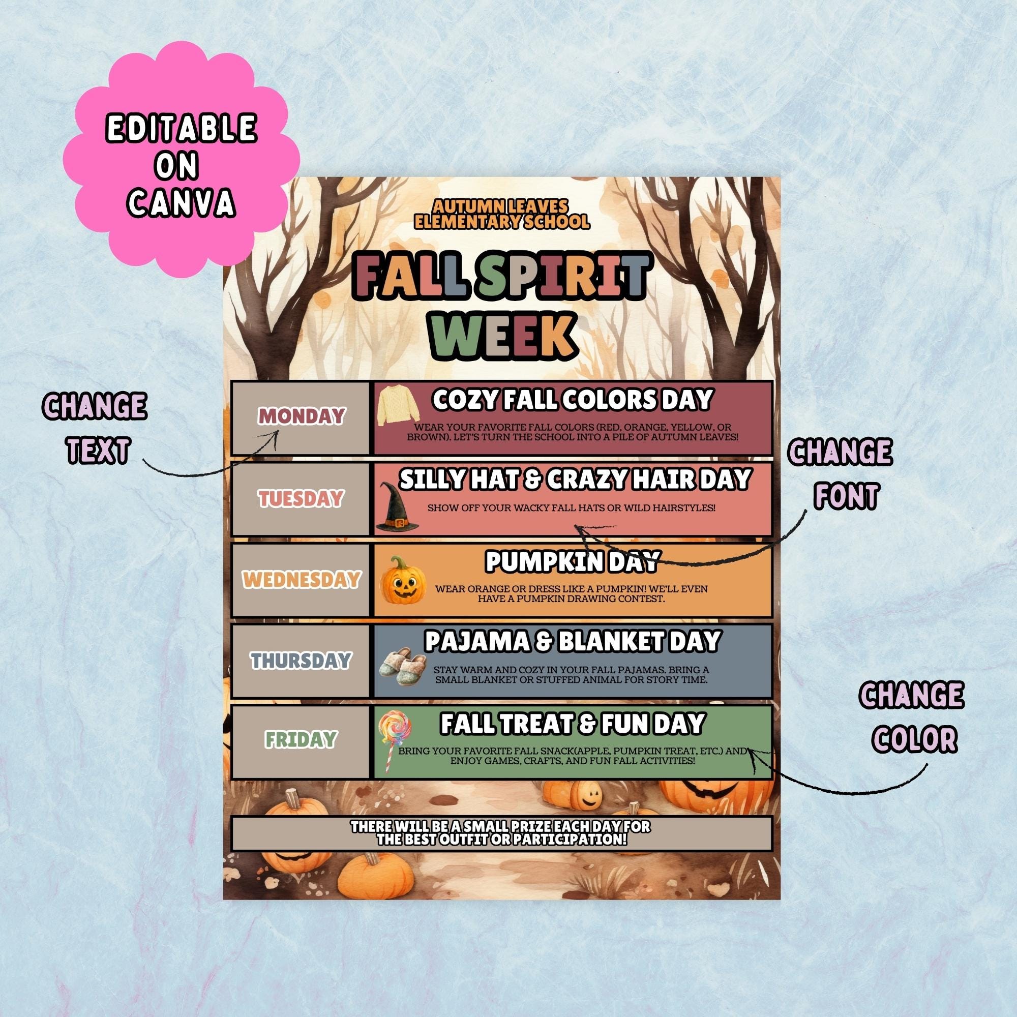 Fall Spirit Week Template, Editable School Event Schedule, Autumn ...