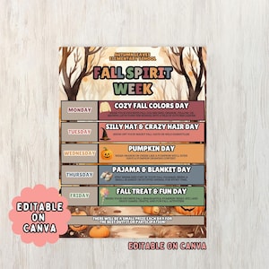 Fall Spirit Week Template, Editable School Event Schedule, Autumn ...