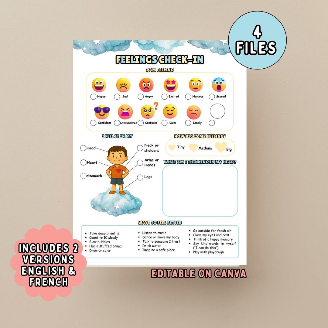 Feelings Check-in Emotions Chart Worksheet SEL Therapy School ...
