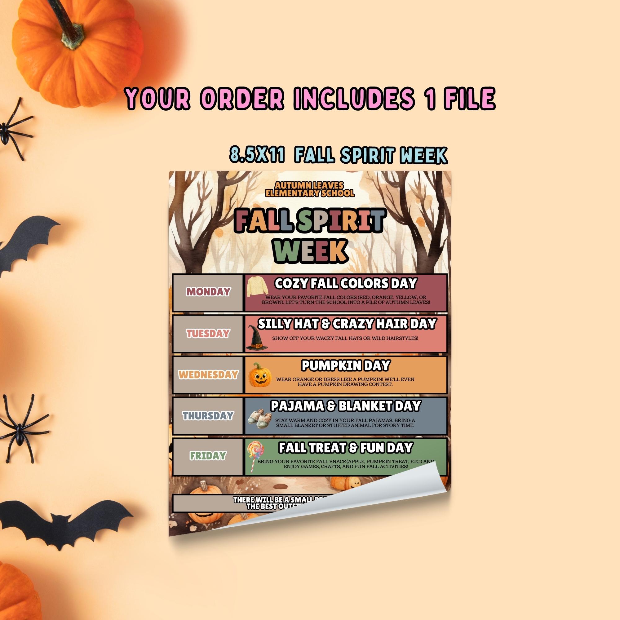 Fall Spirit Week Template, Editable School Event Schedule, Autumn ...
