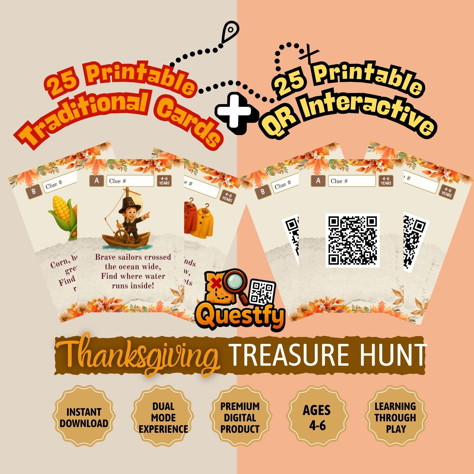 Thanksgiving Treasure Hunt: Dual Mode QR Code & Cards - Ages 4-6 ...