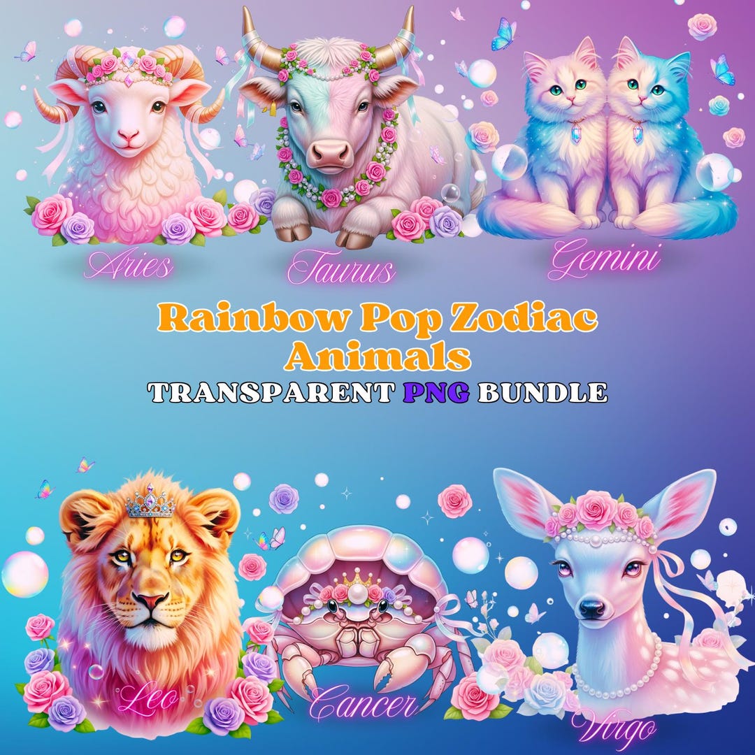 Rainbow Zodiac Animal Clipart Bundle: Transparent PNG Design (digital ...