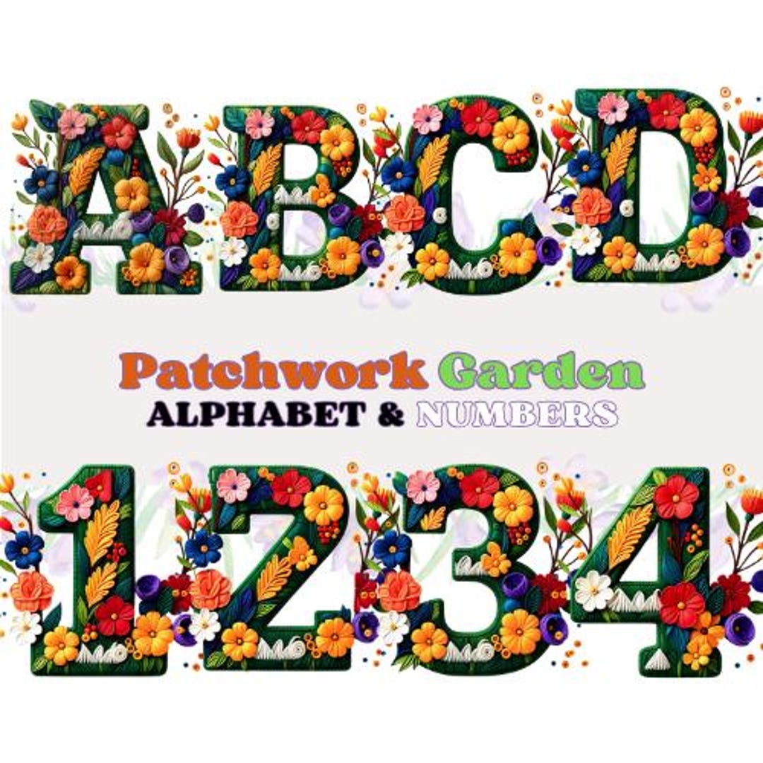 Floral Patchwork Alphabet & Numbers PNG: Garden Design Clipart (digital ...