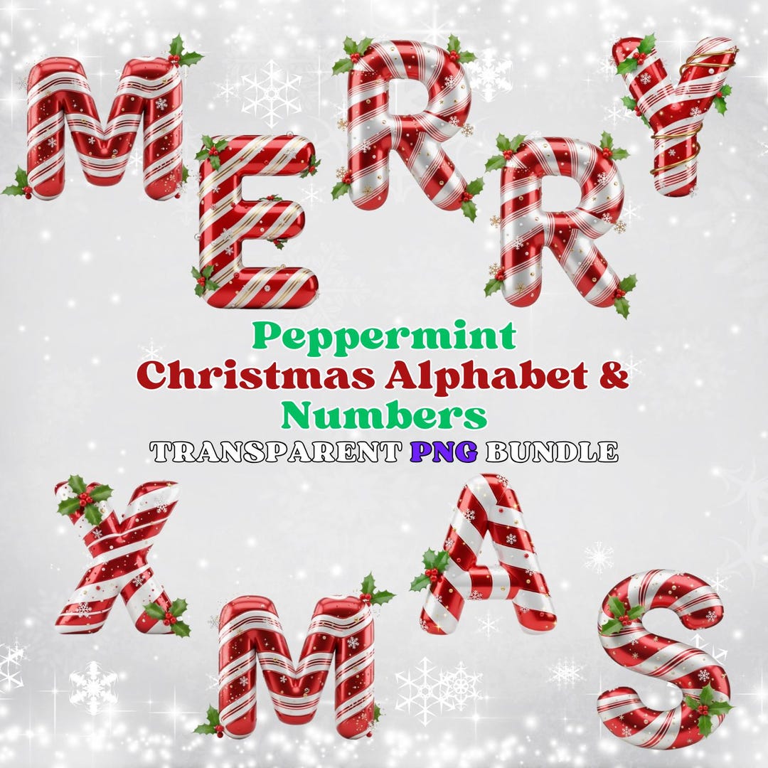Peppermint Christmas Alphabet & Numbers PNG Bundle | Candy Cane Letters ...