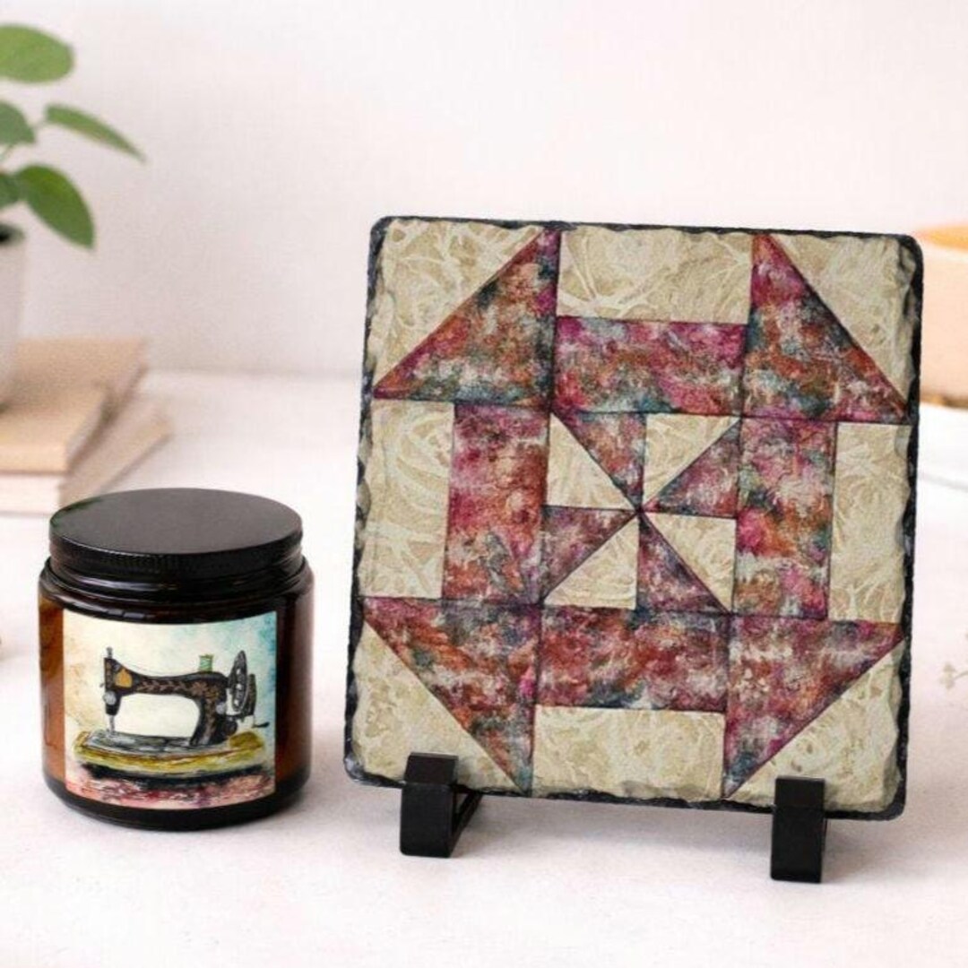 Disappearing Pinwheel Churn Dash Quilt Block Keepsake Slate & Candle ...