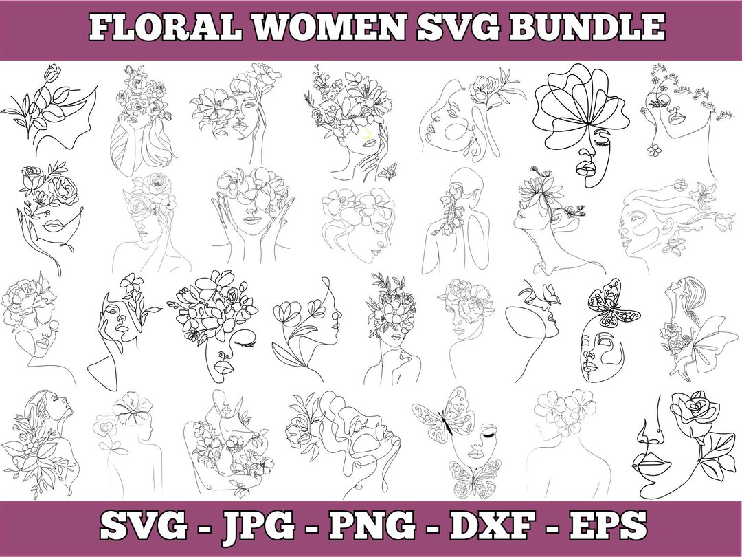 Floral Woman Line Art SVG Bundle: Flower Face Design (digital Download ...