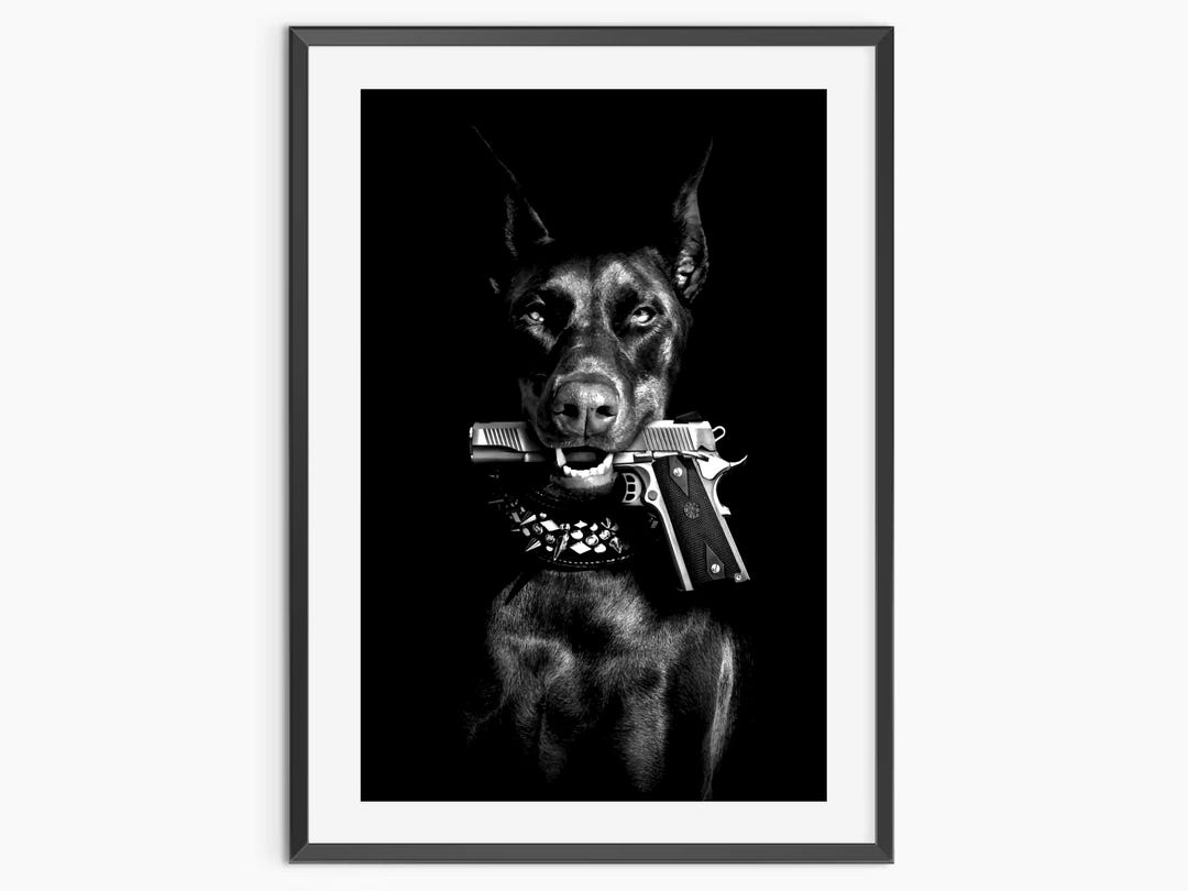 Doberman Gun Poster, Black and White, Fashion Print, Doberman Wall Art ...