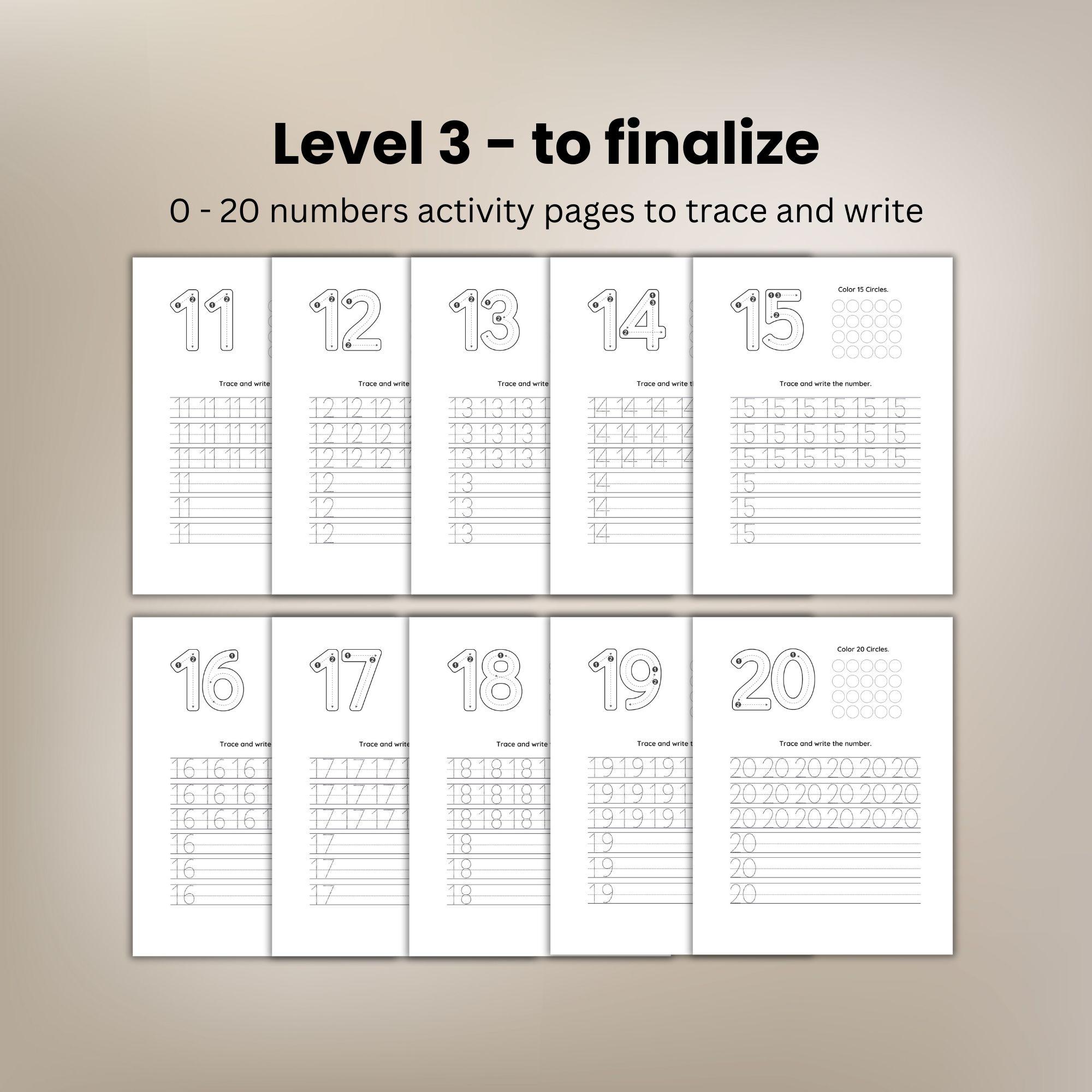 Numbers 0 - 20 Worksheets to Trace and Write in 3 Levels (printable PDF ...