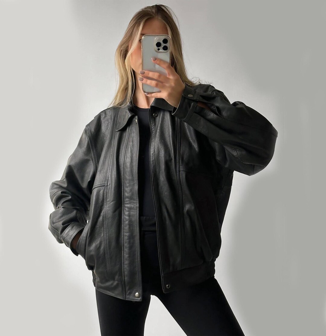 Women's Black Leather Bomber Jacket Ladies 1990's Retro Biker Style ...