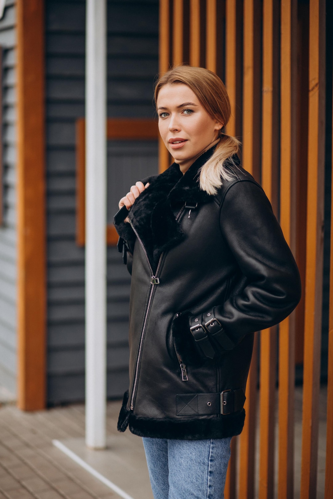 Women's Shearling Aviator Jacket: Real Lambskin Leather B3 Bomber ...