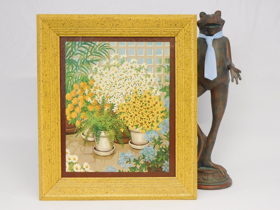Vintage Framed Floral Print, Yellow Picture Frame, Flower Picture ...