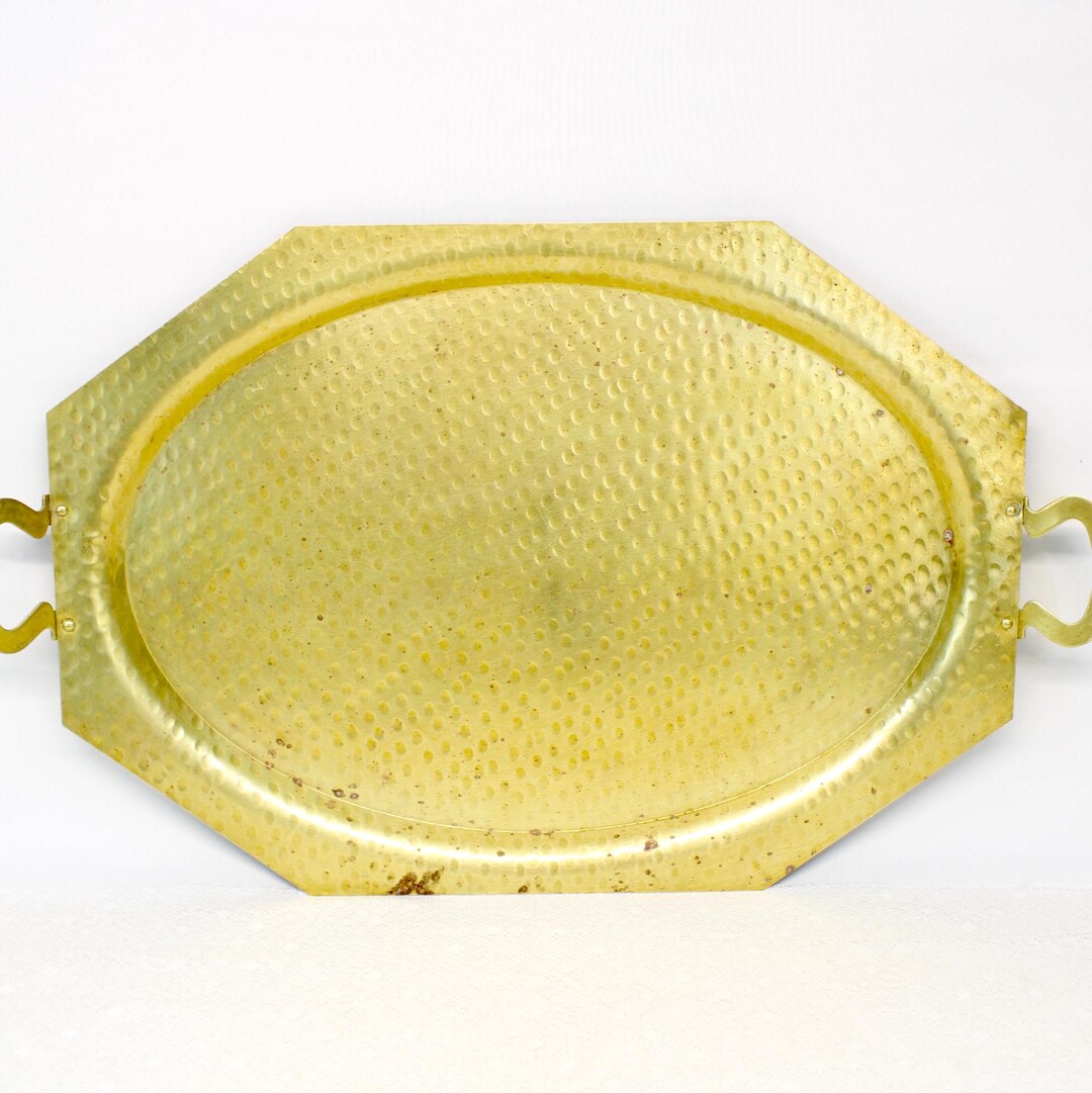 Vintage Brass Serving Tray With Handles Large Hammered Brass Butler ...