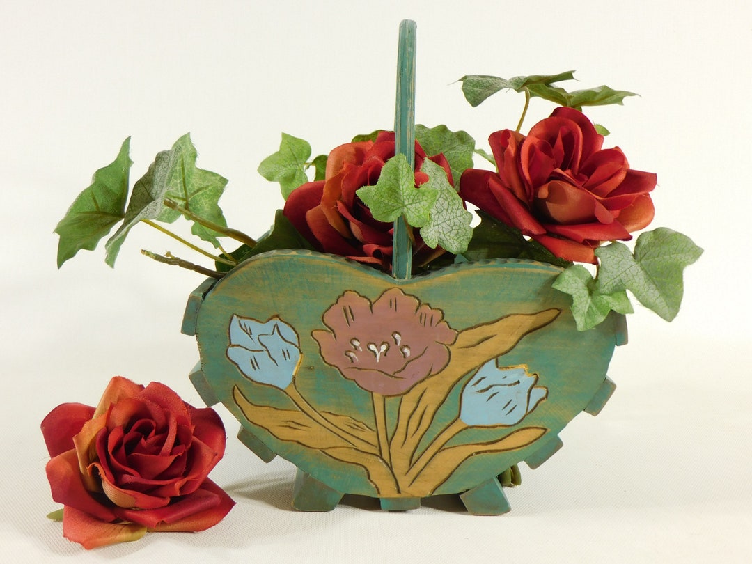 Wood Basket With Handle, Carved Wood Basket, Small Wood Basket, Slat ...