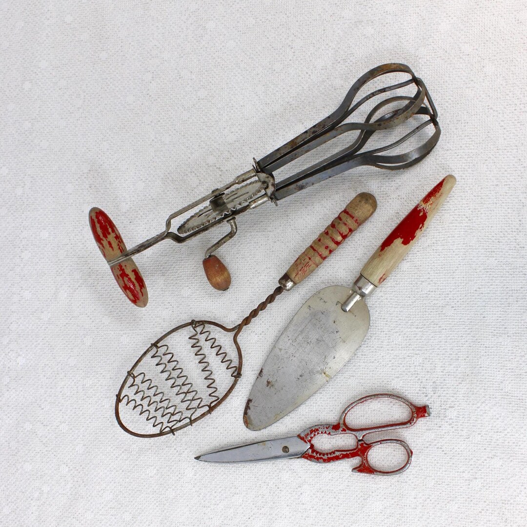 Vintage Wooden Red Handle Kitchen Tools Hand Held Utensils Primitive ...