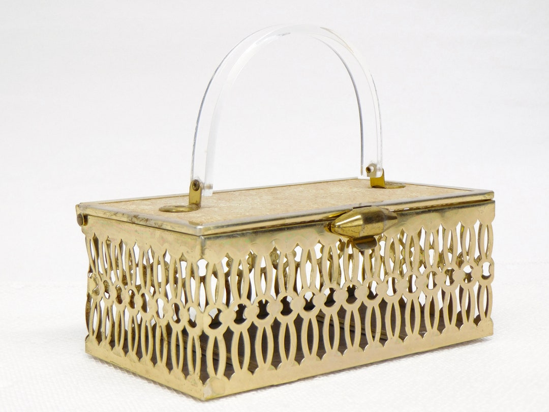 Vintage Metal Box Purse With Lucite Handle, Pierced Goldtone Metal Box ...