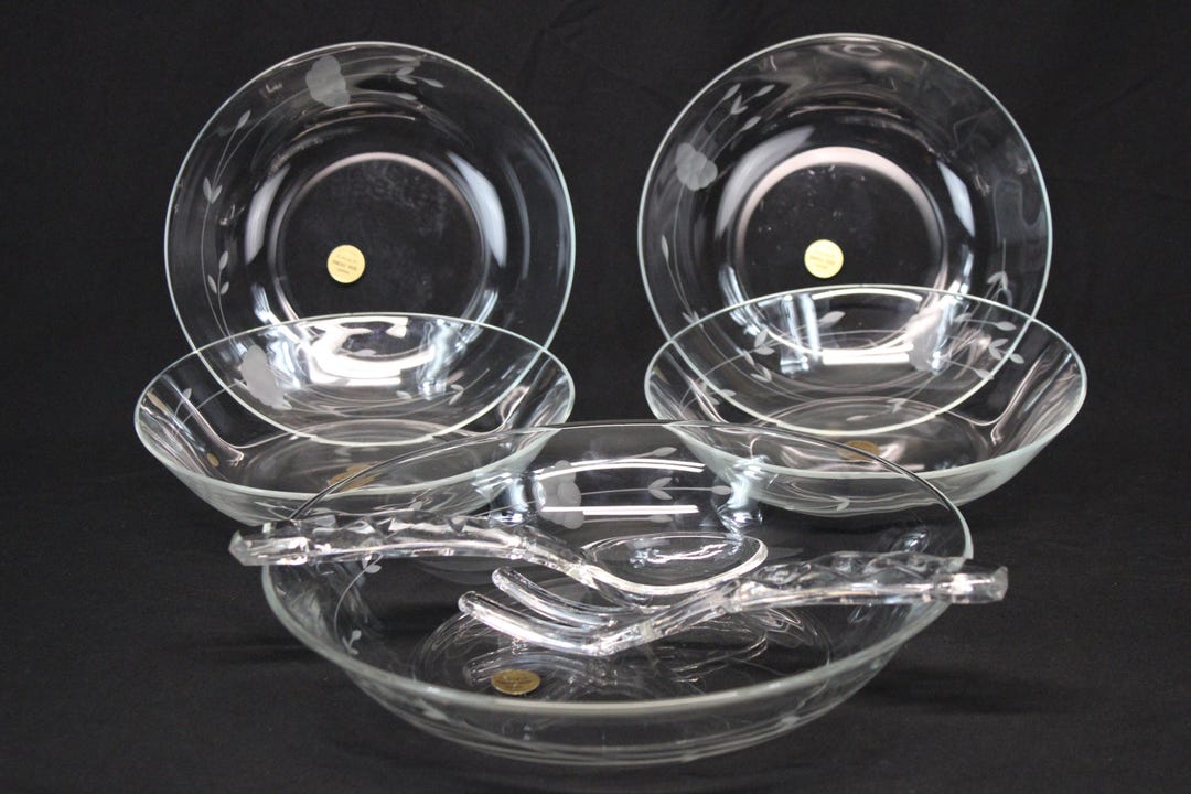 Princess House 5 Piece Pasta Bowl Set Tempered Glass Heritage Etched ...