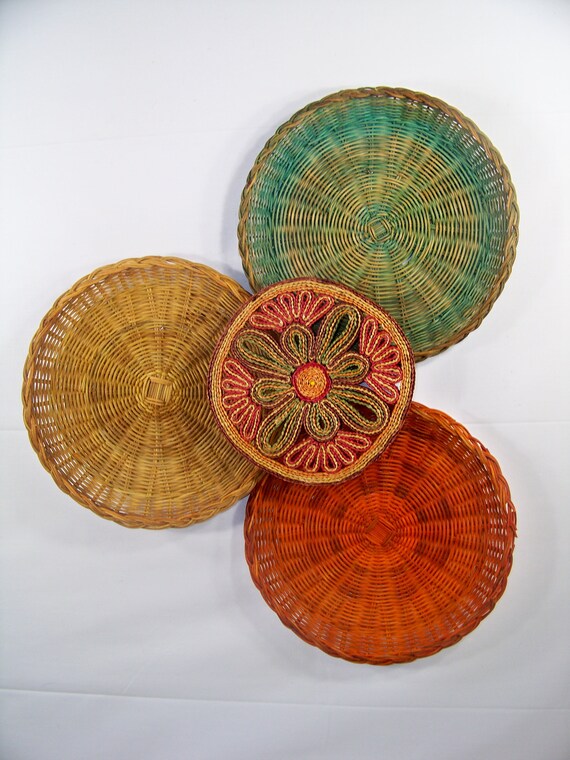 Vintage Wicker Wall Decor Multi Color Wicker Plate Holders | Etsy