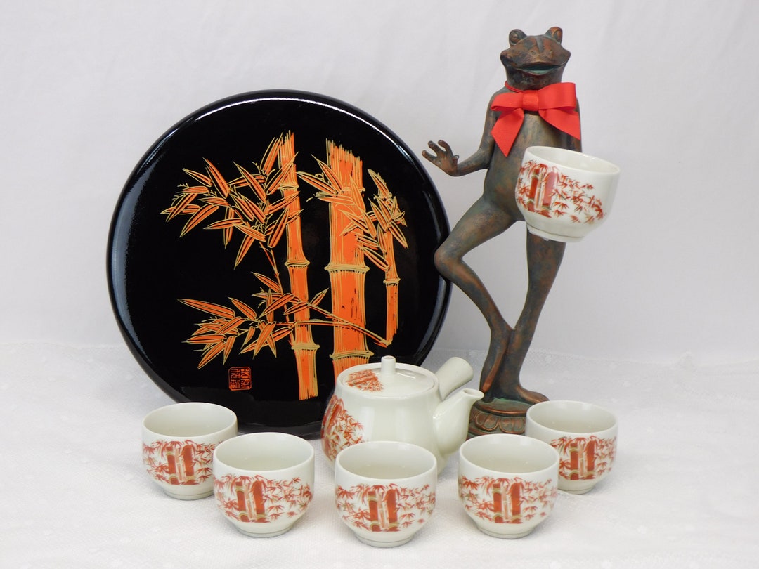 Vintage Sake Tea Set With 6 Ochoko Cups Red and Gold Bamboo - Etsy