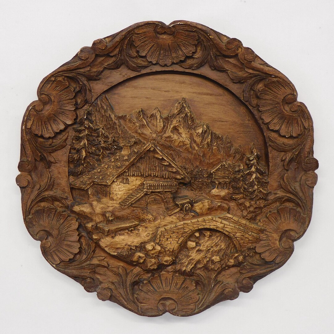 Vintage Carved Wood Wall Plate Plaque Rustic Mountain Scene Log Cabin ...