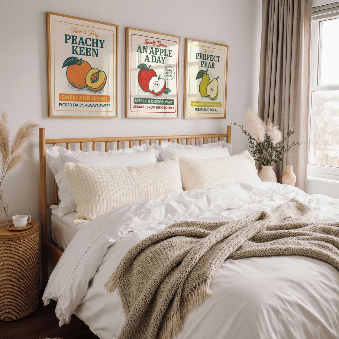 3 Vintage Fruit Posters | Perfect Pear, an Apple a Day, Peachy Keen ...