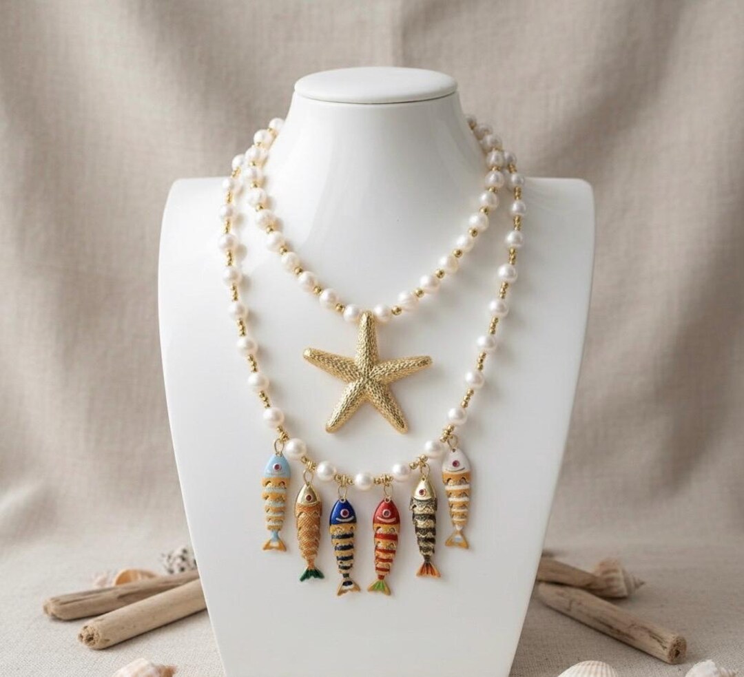 Layered Starfish & Dangling Enamel Fish Pearl Necklace - Etsy