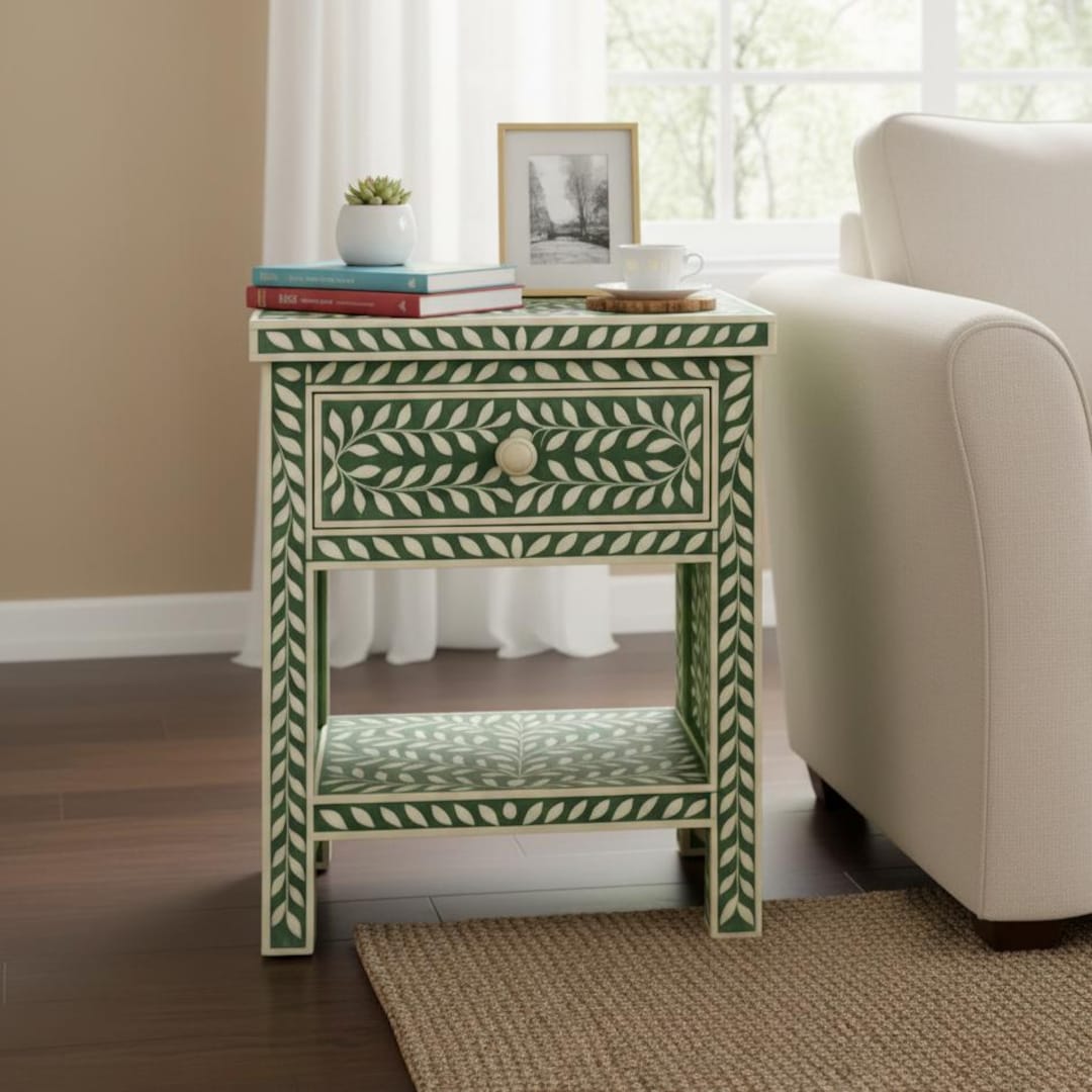 Handcrafted Bone Inlay Nightstand – Floral Accent Table - Etsy