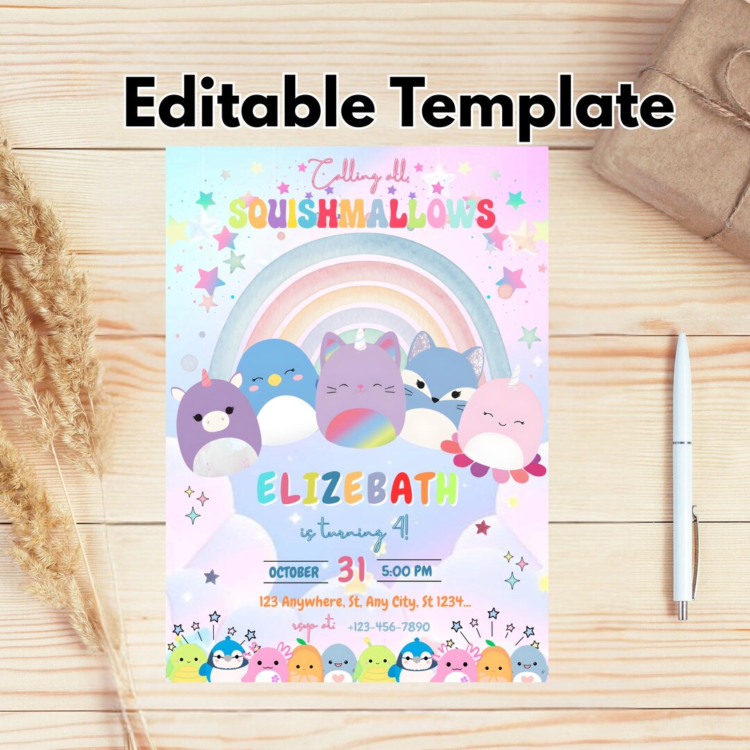 Squishmallow Birthday Invitation Template: Editable Girl Party Invite ...