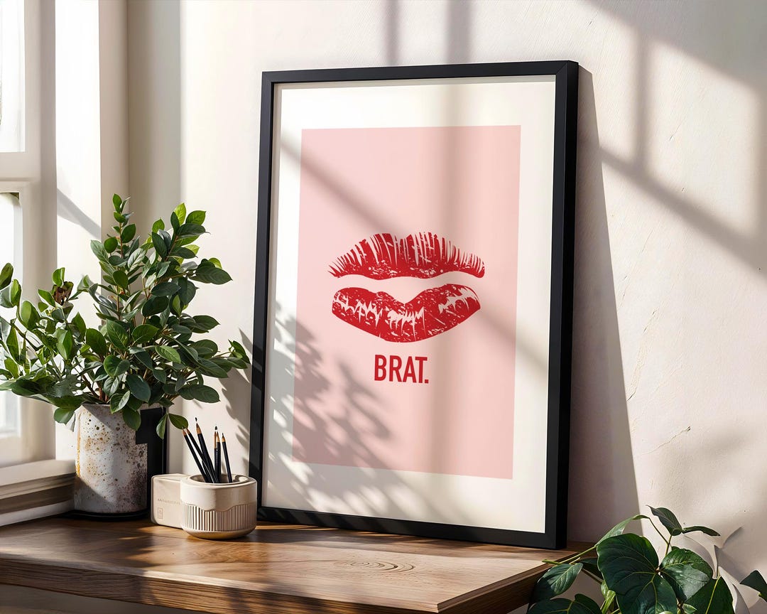 Brat Retro Kiss Lips Wall Art, Red Pink Kisses Poster, Trendy Feminine ...