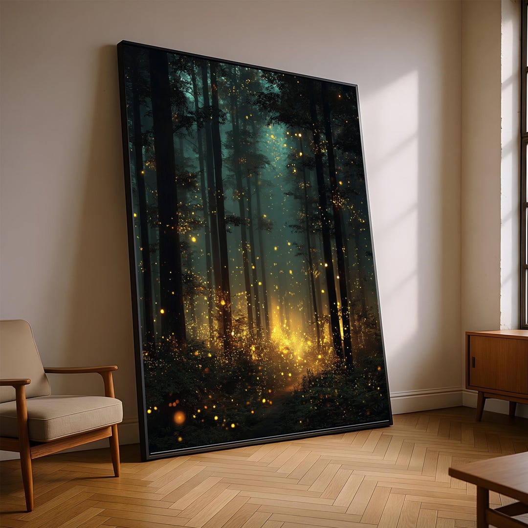 Enchanted Forest Glow, Fireflies in Woods Canvas, Magical Nightscape ...