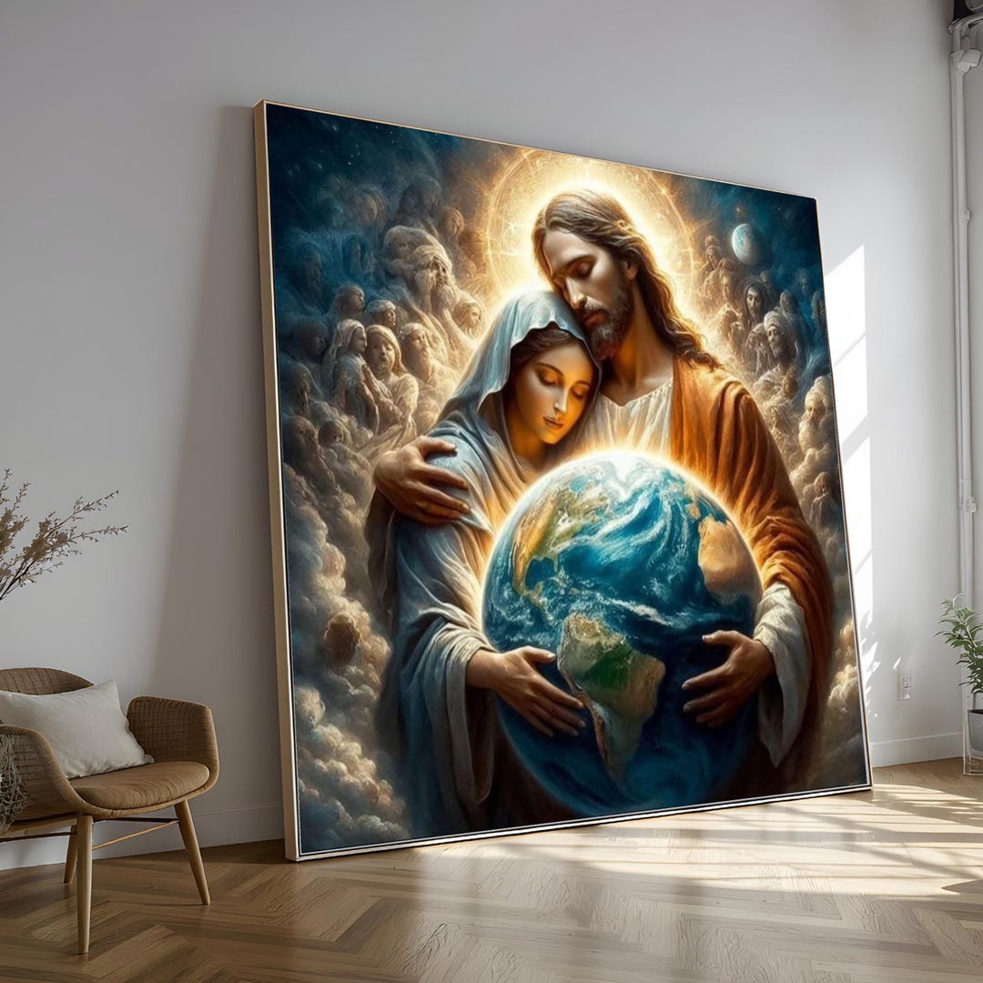 Jesus and Mary Embrace Globe Canvas, Spiritual Religious Wall Art ...