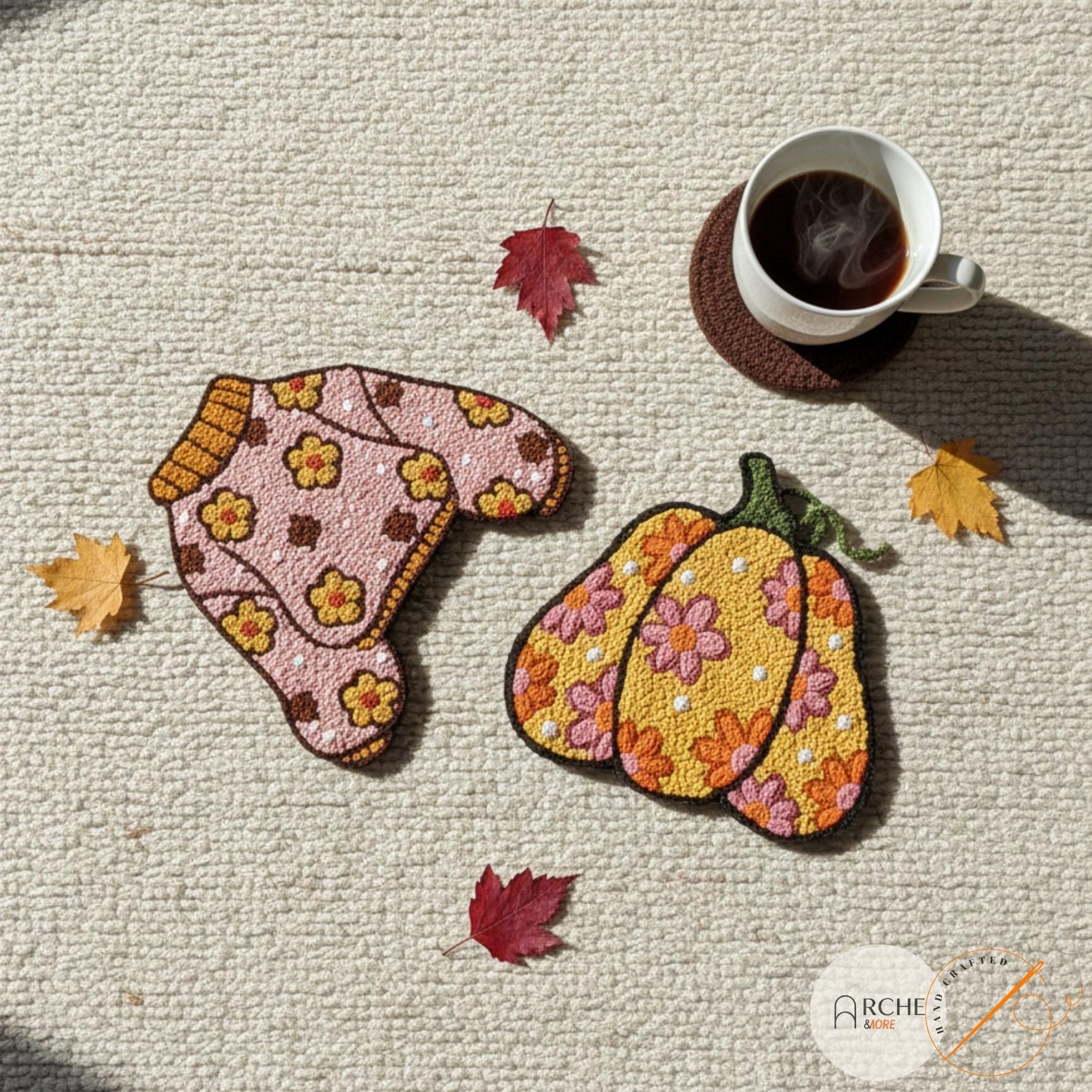 Sweet Autumn Punch Needle Coasters Pattern: Pumpkin & Sweater Coaster ...