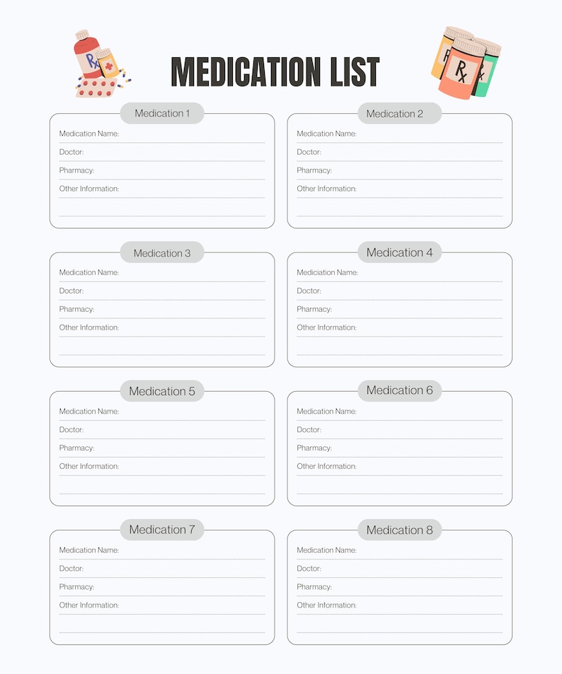 Editable Medication List Template, Rx Drug Chart (digital Download) - Etsy
