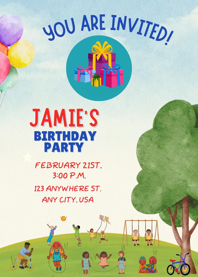 Kids Birthday Invitation: Children Playing on Playground (instant ...