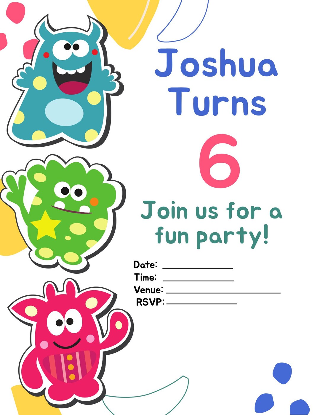 Kids Cartoon Monsters Birthday Invitation: Fun Printable Party Invite ...