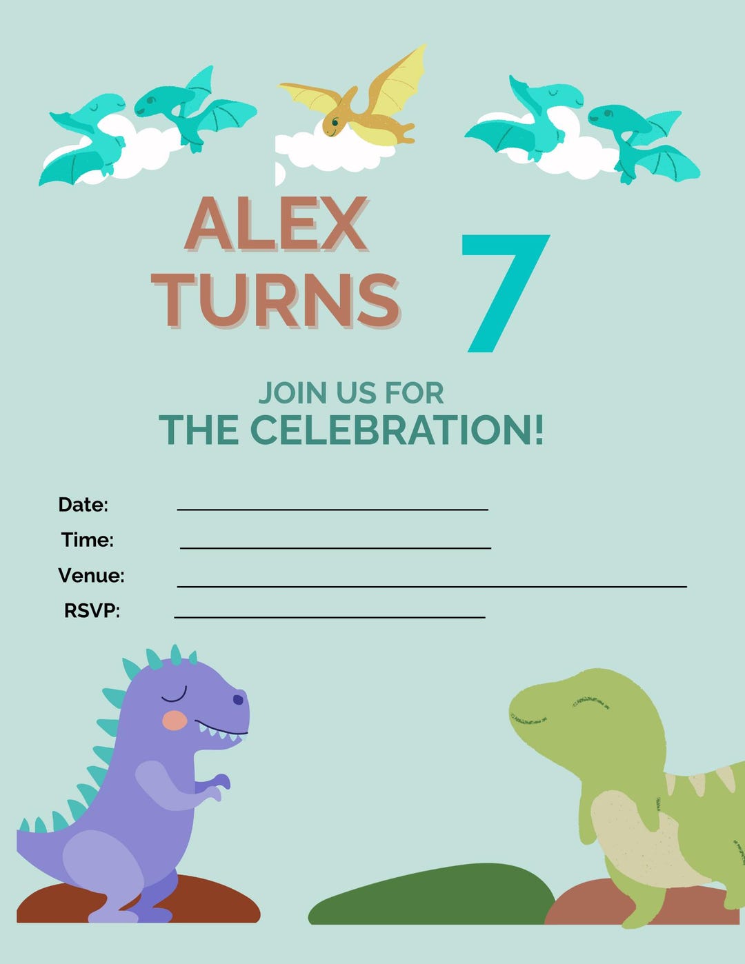 Kids Birthday Invitation Template: Dinosaur Theme, Editable and ...