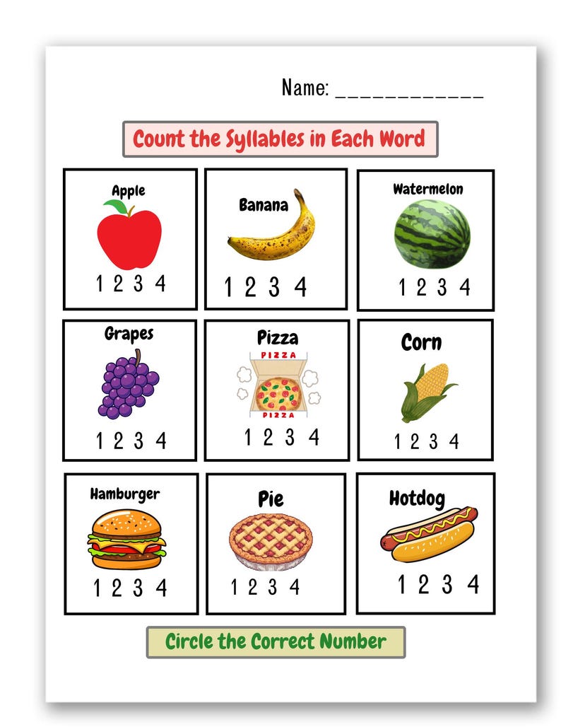 Teacher Worksheet: Kindergarten Count the Syllables - Etsy