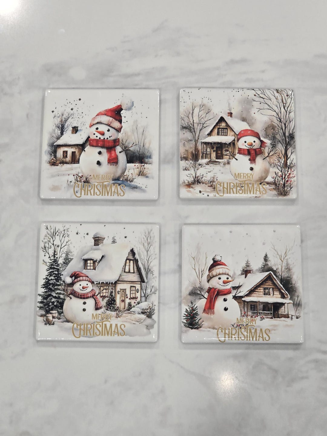Merry Christmas Snowman Ceramic Coasters (set of 4) - Etsy