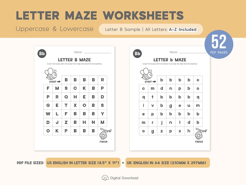 Alphabet Letter Maze Worksheets Printable, Letter Recognition ...