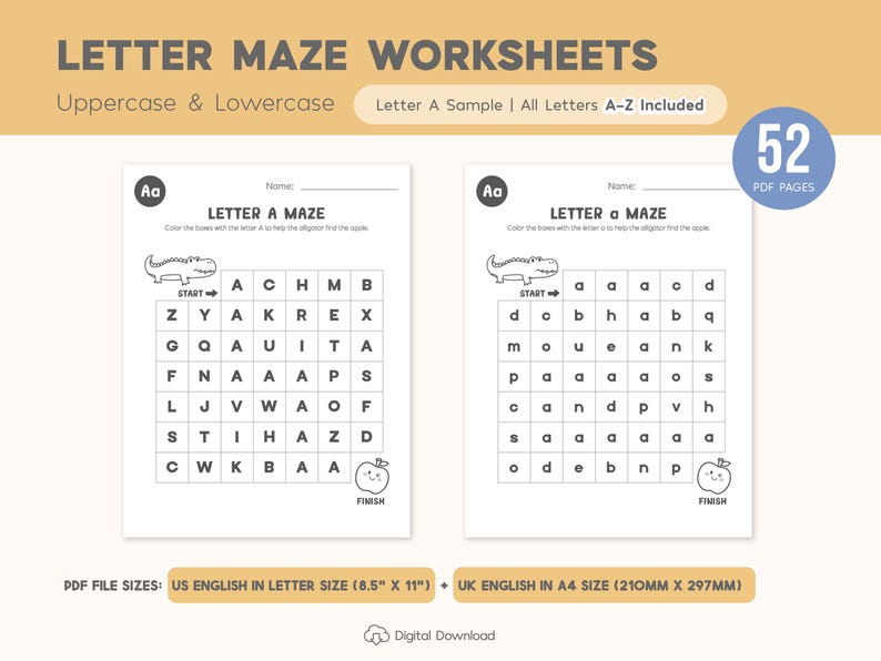 Alphabet Letter Maze Worksheets Printable, Letter Recognition ...