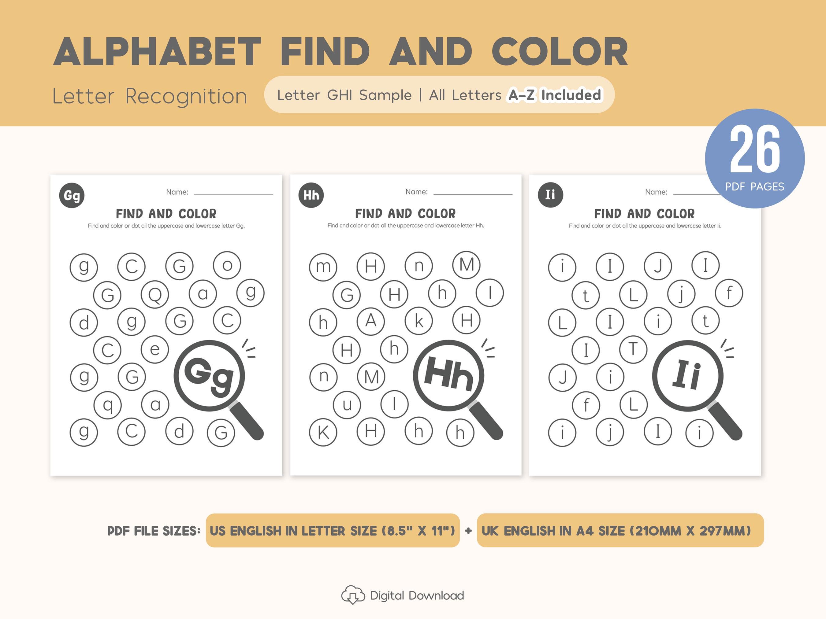 Alphabet Find and Color Worksheets Printable, Letter Recognition ...